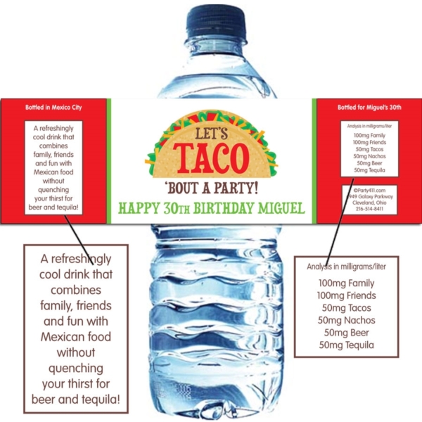 Taco Party Fiesta Theme Water Bottle Label - Party411